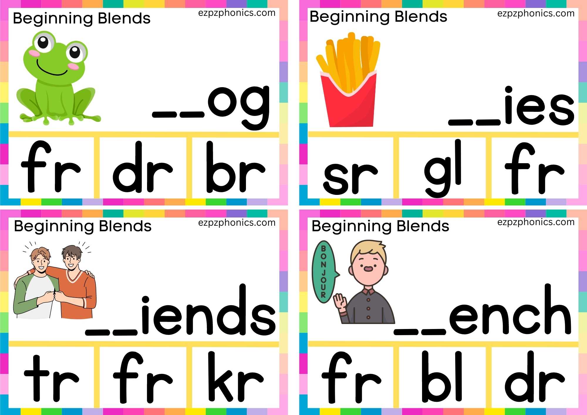 FR Beginning Blends Clip Cards Finish The Words And Clip The Correct Letters Set 2 - ezpzphonics.com